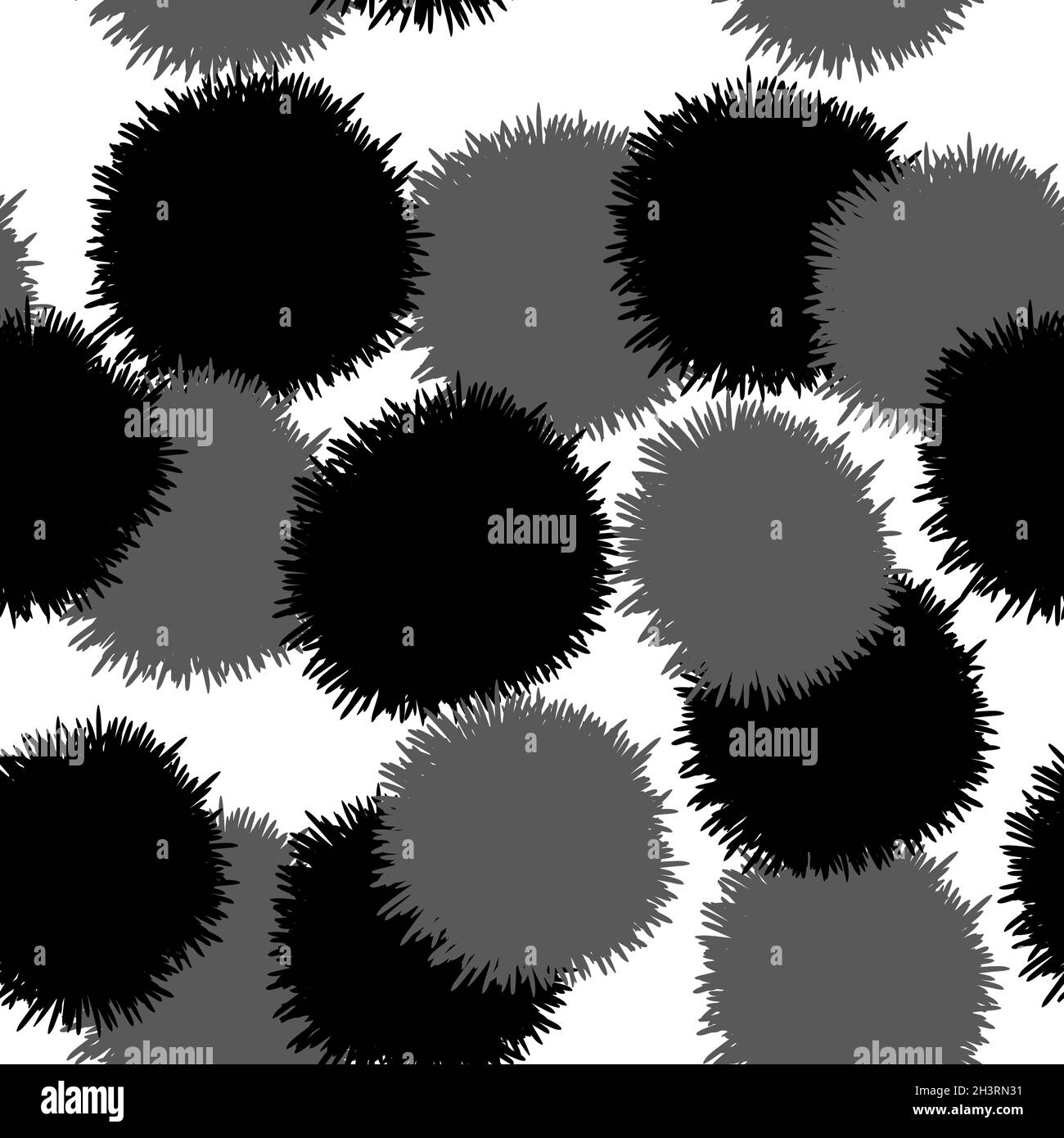 Seamless pattern with black and grey fluffy objects on white background ...