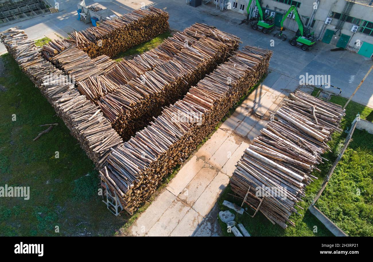 Aerial view of wood processing factory with stacks of lumber at plant ...