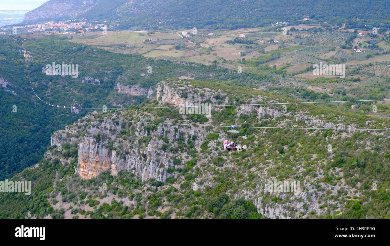 panorama of Trentinara, rope for the angel's flight and people flying ...