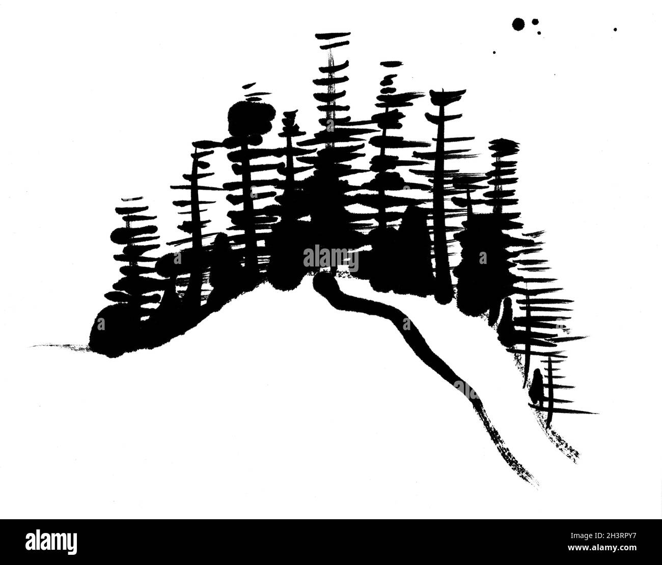 A black and white Chinese style ink painting, abstract trees made up by ...