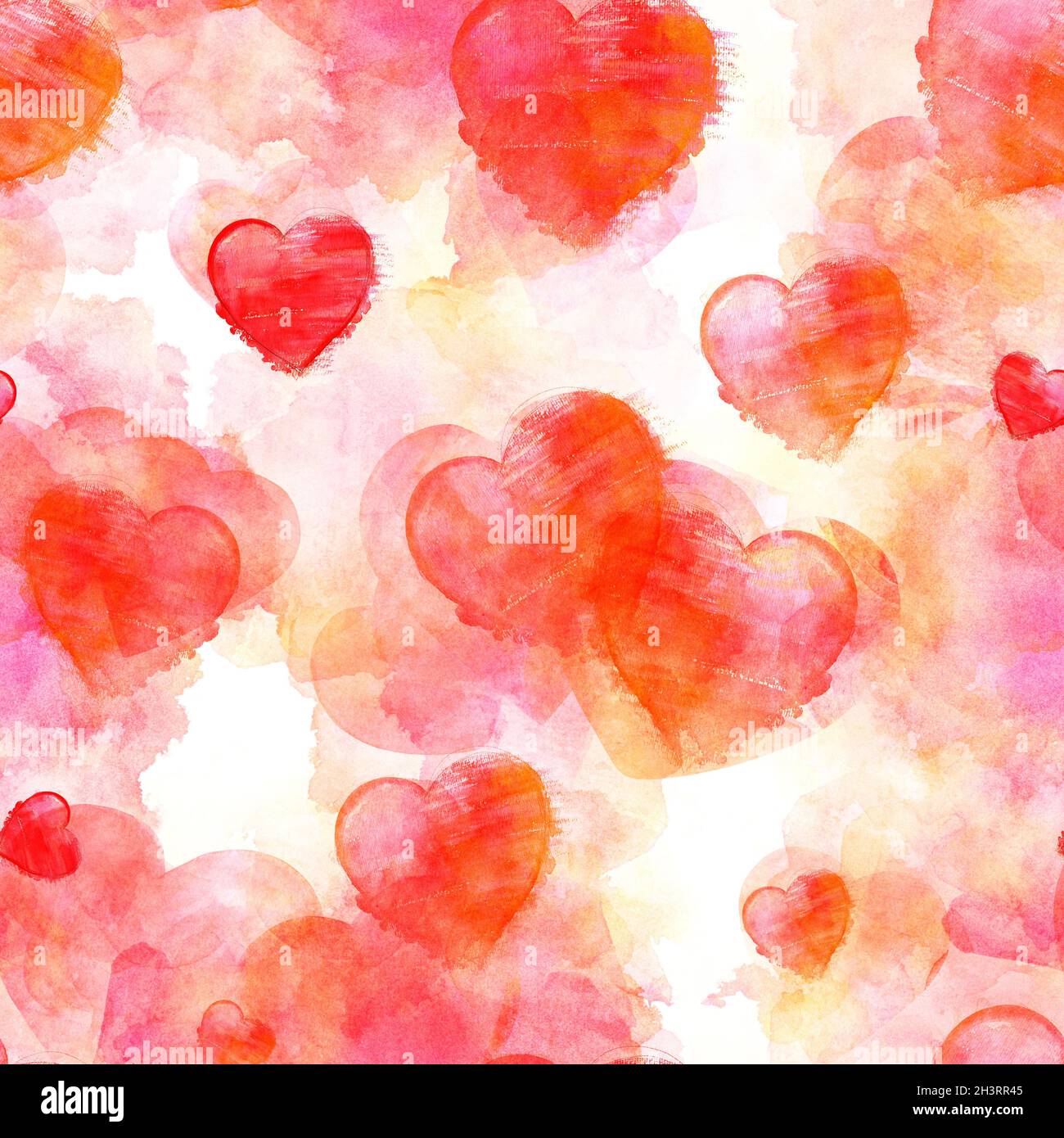 A seamless pattern of red watercolor hearts on a romantic pastel pink ...