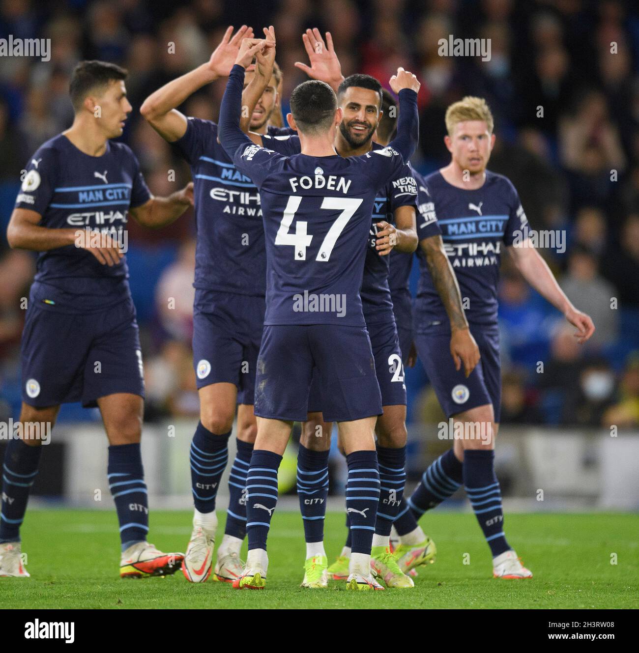 Riyad Mahrez celebrates scoring his goal during the game at the Amex ...