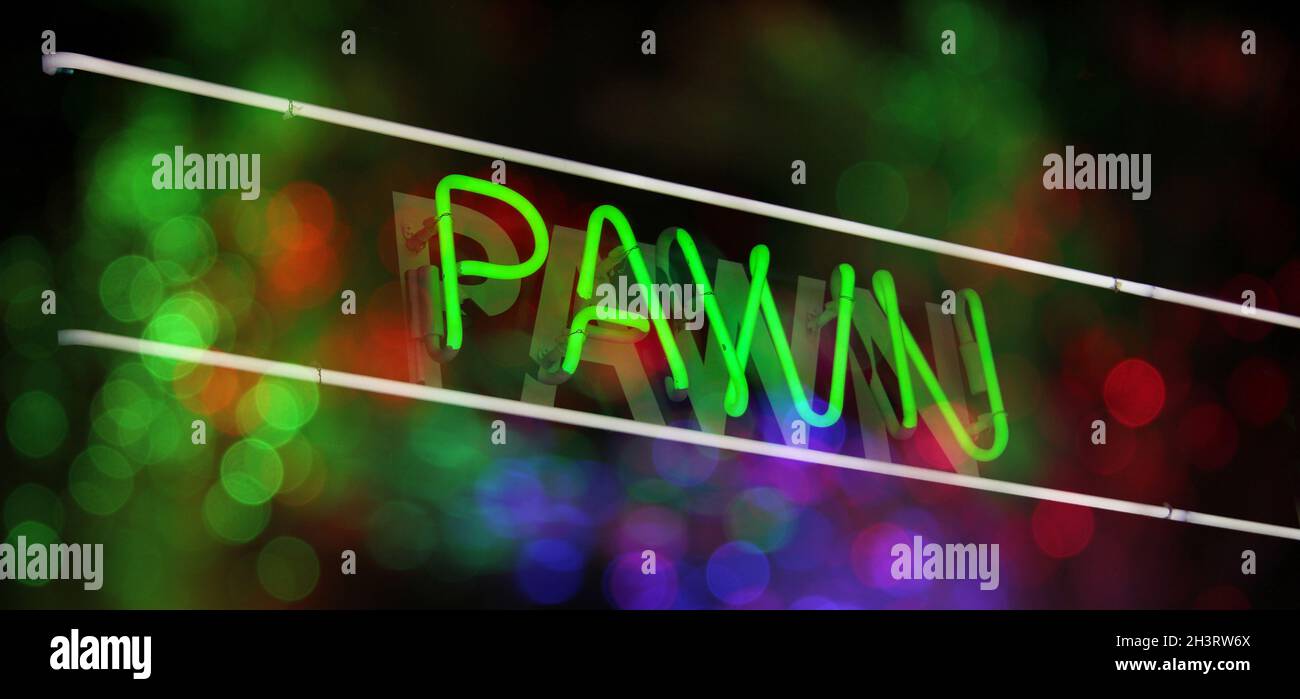 Vintage Neon Sign in Window of Pawn Shop Stock Photo - Alamy