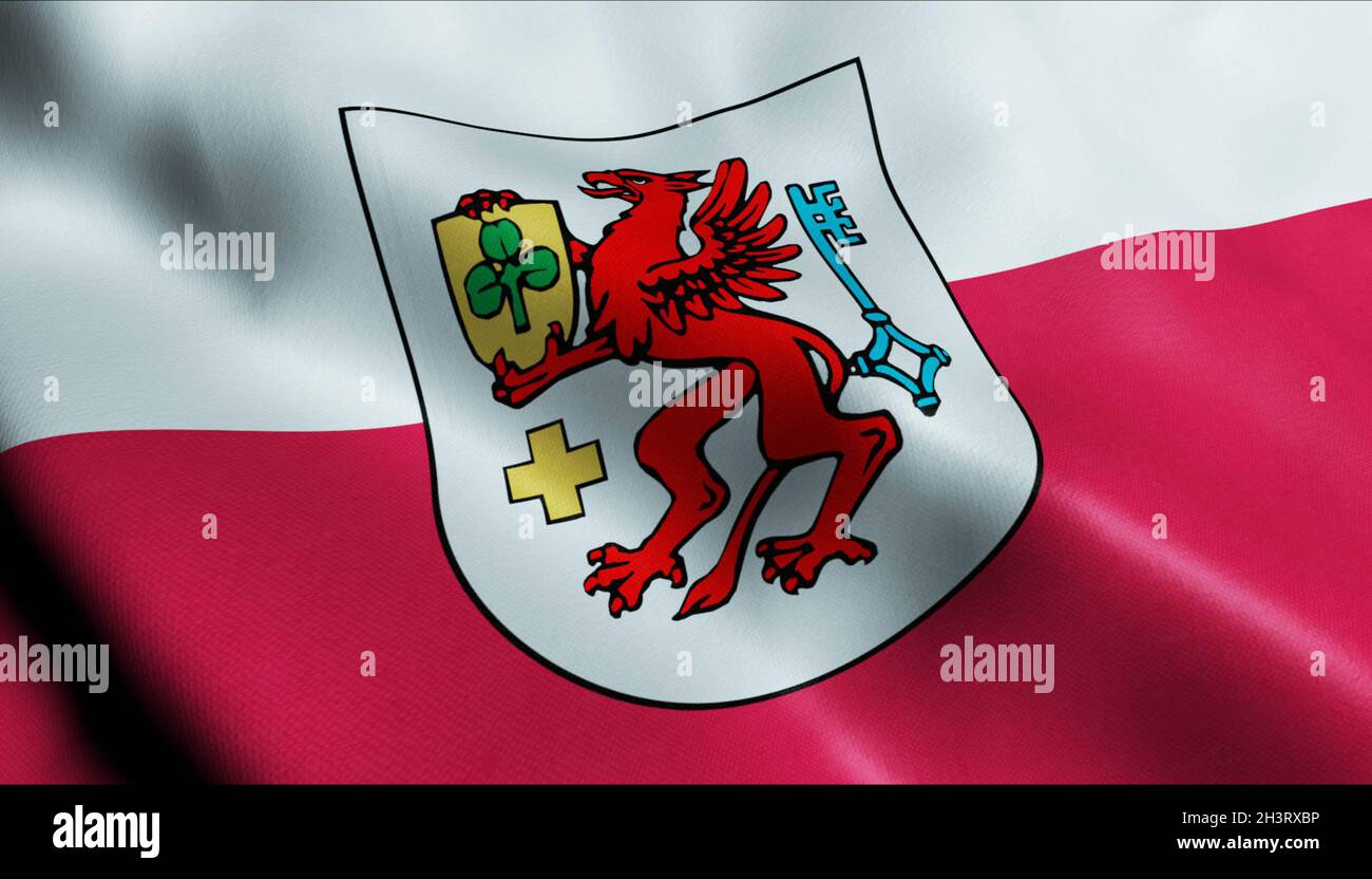 3D Illustration of a waving Poland city flag of Trzebiatow Stock Photo ...