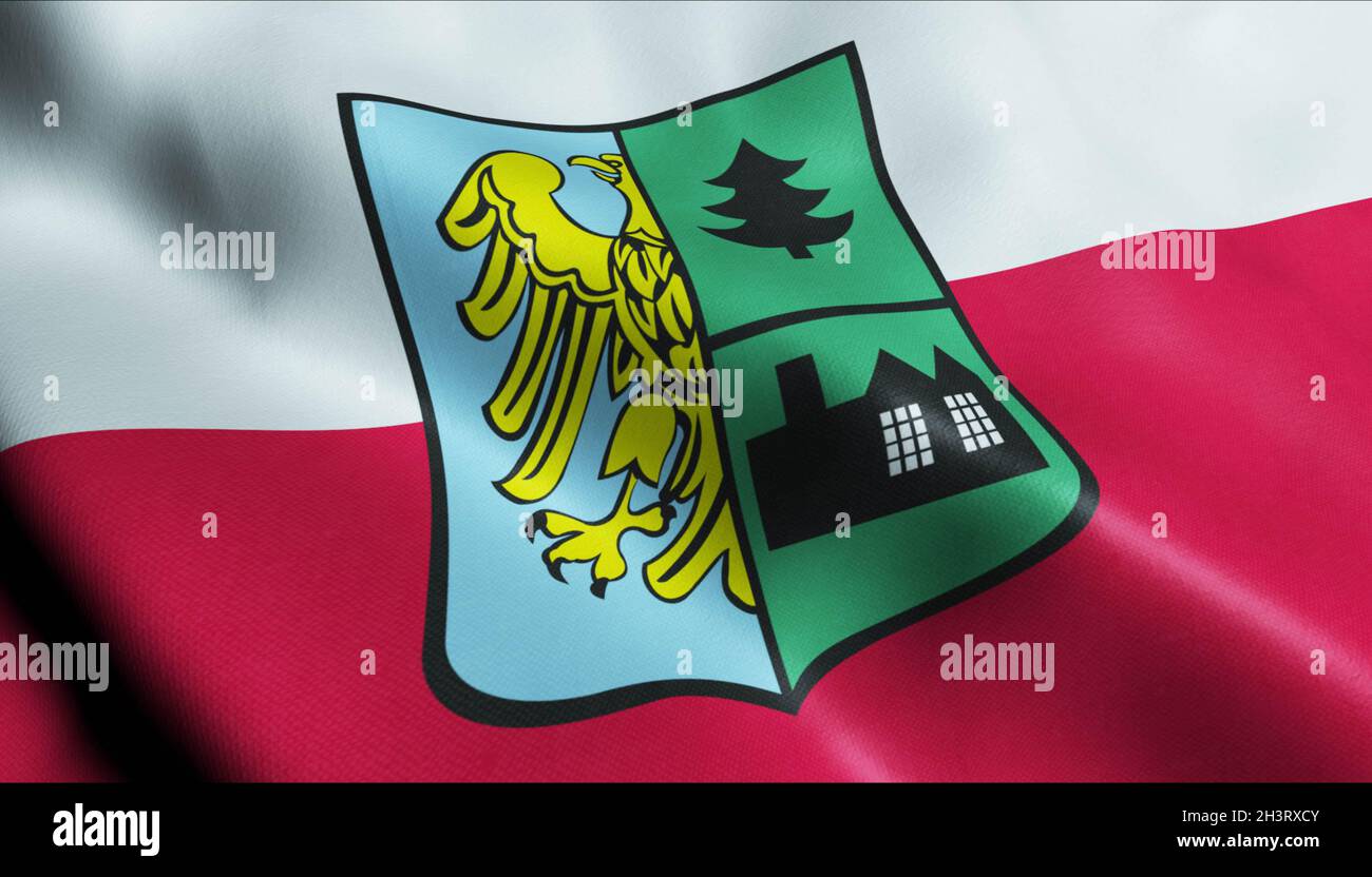 3D Illustration of a waving Poland city flag of Kolonowskie Stock Photo ...