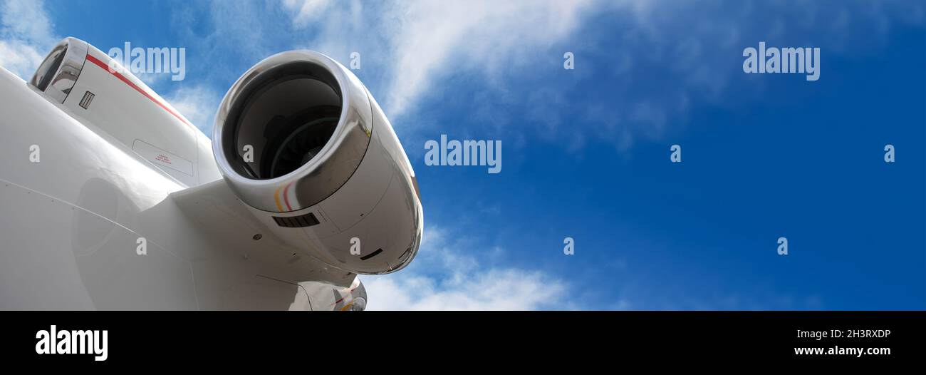 Turbine engine of airplane of the modern business jet, rotor, panoramic ...
