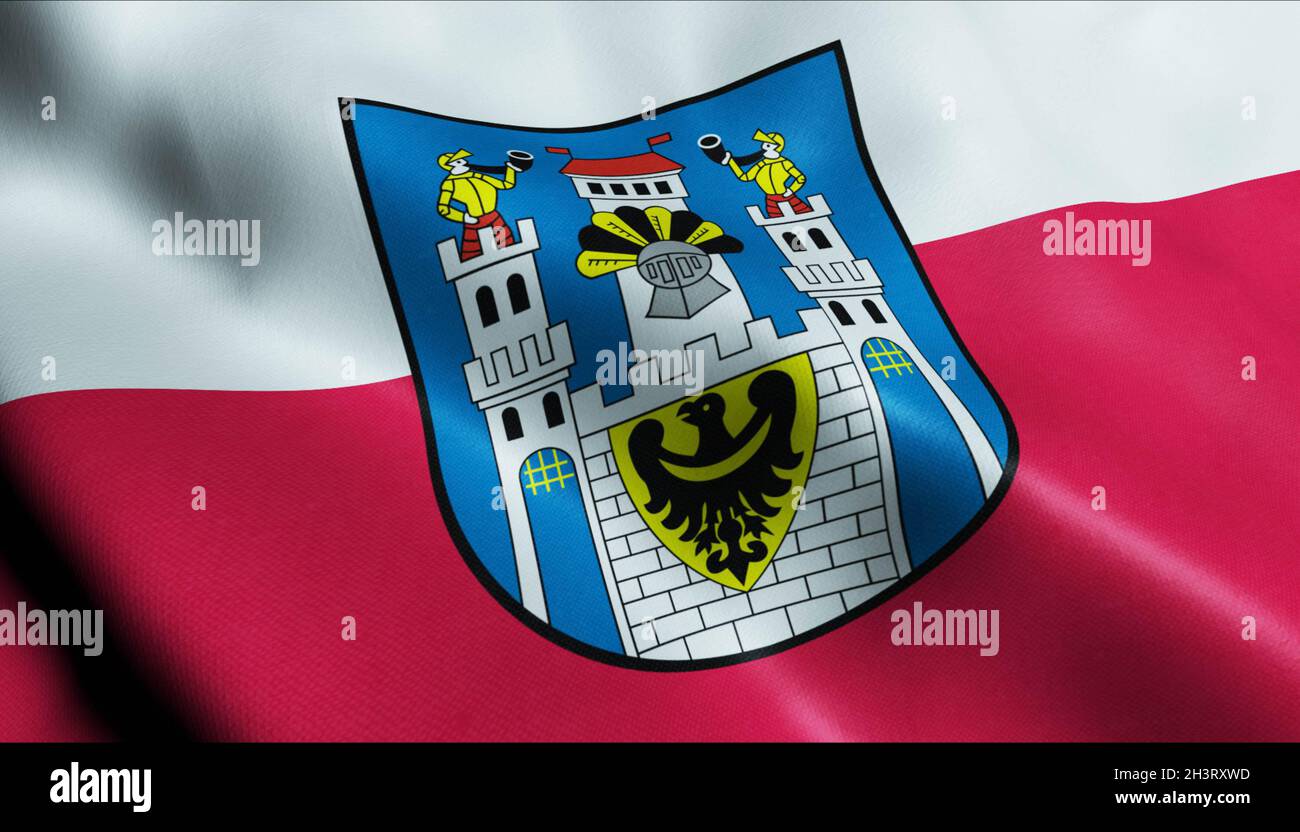 3D Illustration of a waving Poland city flag of Szprotawa Stock Photo ...