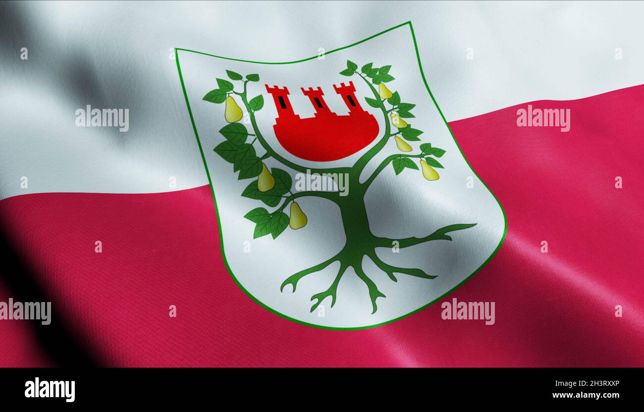 3D Illustration of a waving Poland city flag of Miedzychod Stock Photo ...