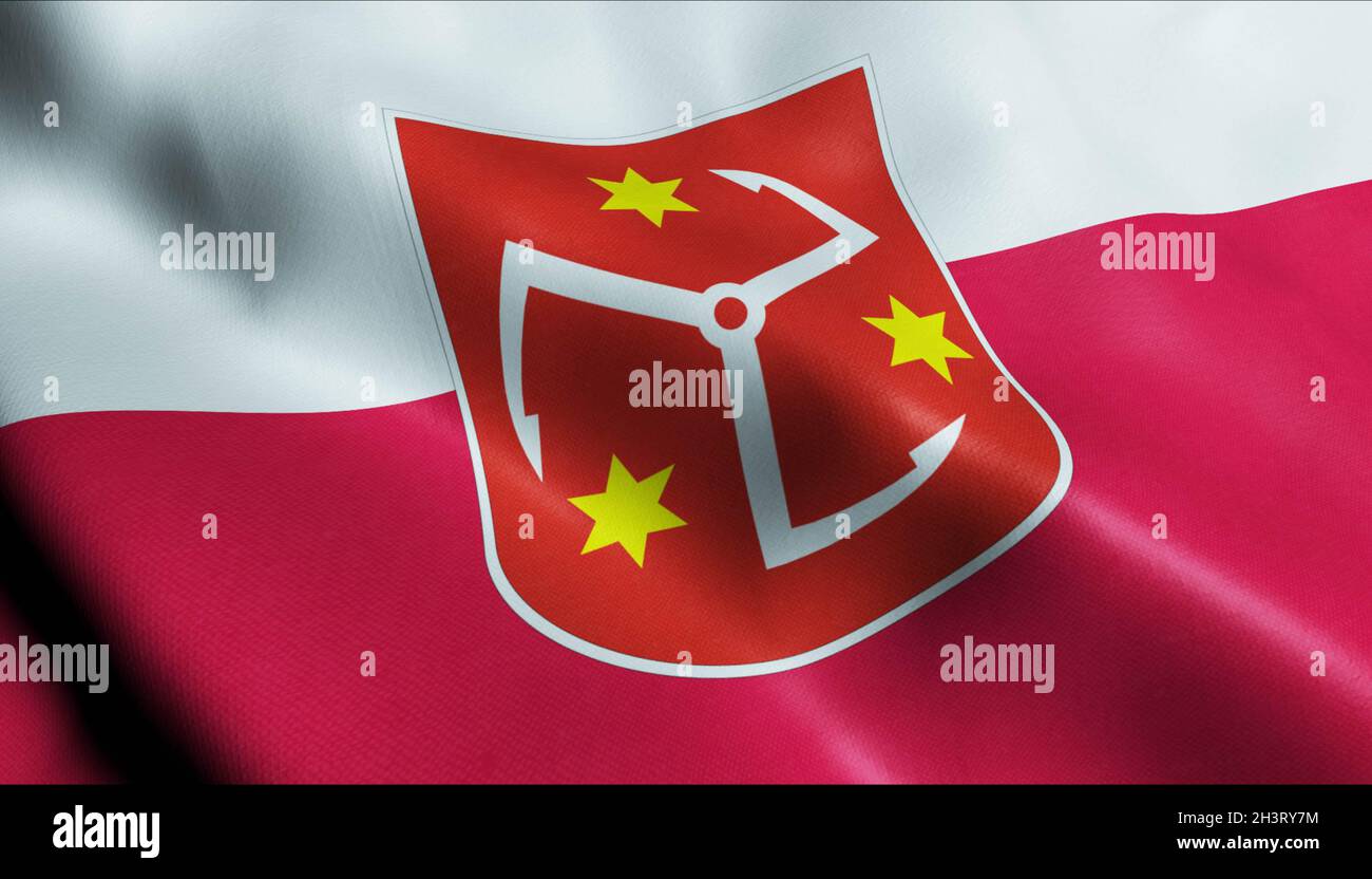 3D Illustration of a waving Poland city flag of Bierutow Stock Photo ...