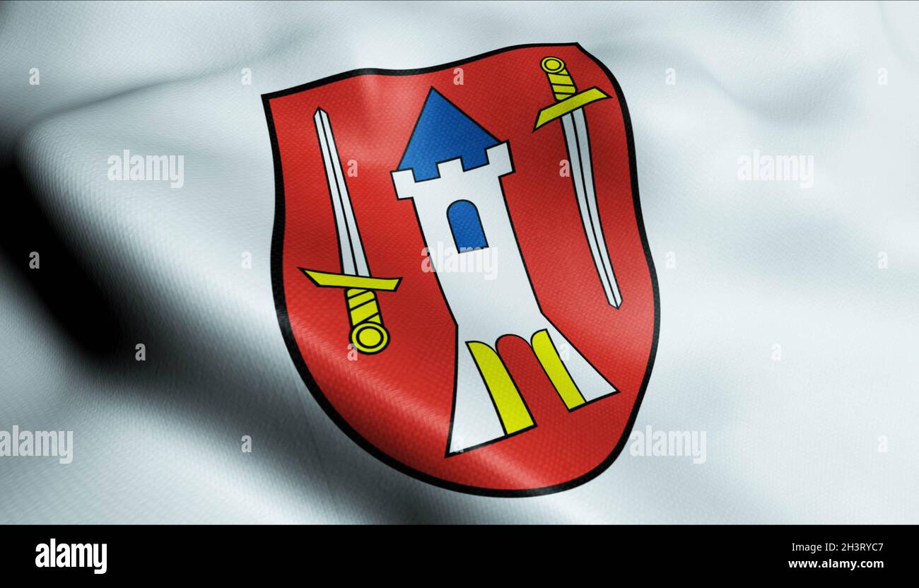 3D Illustration of a waving Poland city flag of Nowe Miasto nad Pilica ...