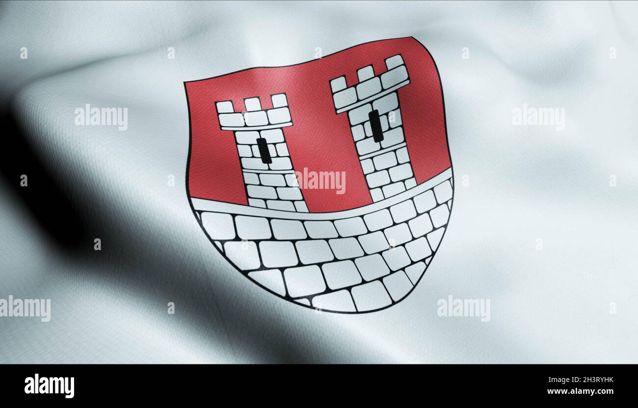 3D Illustration of a waving Poland city flag of Pyskowice Stock Photo ...