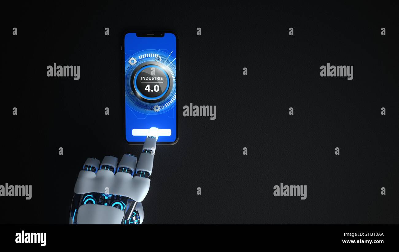 Industrie 4.0 - Humanoid Robot Hand Click Smartphone Stock Photo - Alamy