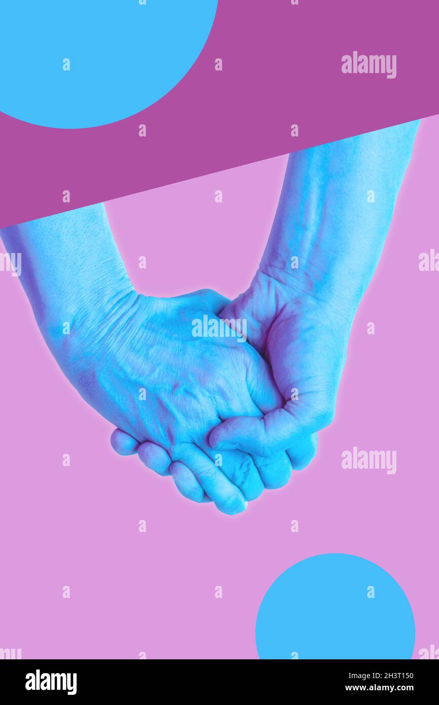 Hands in a surreal style in violet blue neon colors. Modern psychedelic ...