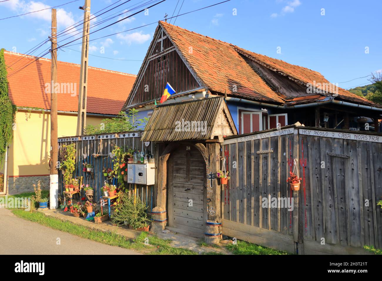 typical house facades in the Saxon Sibiel village in Romania Stock ...