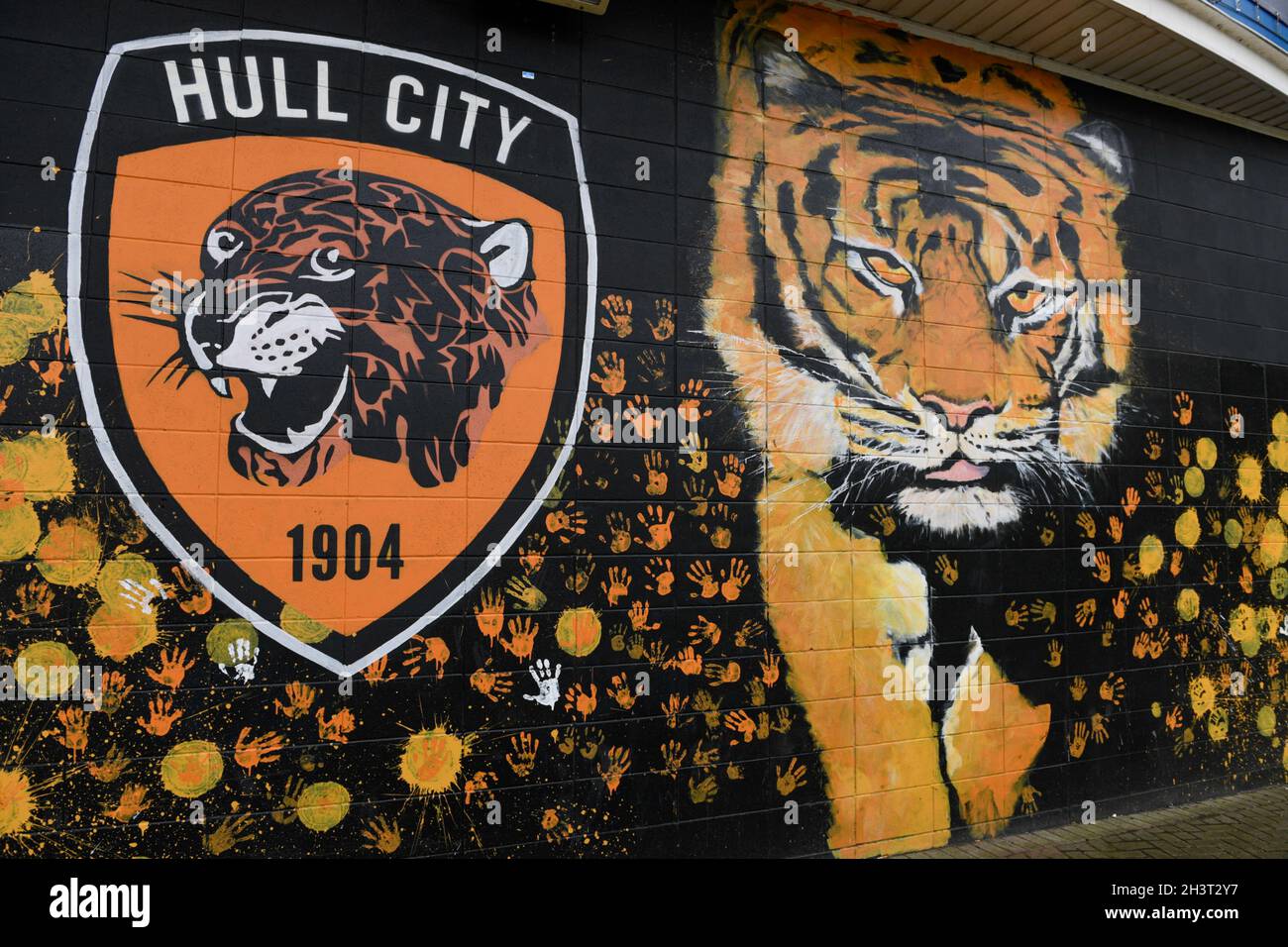 Hull City artwork and club badge on display at the MKM stadium Stock ...