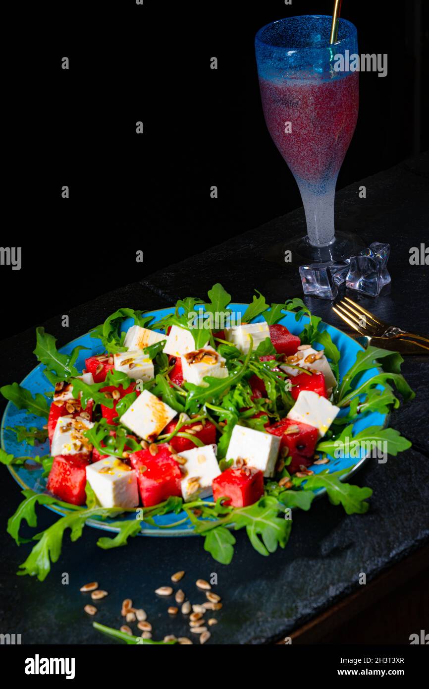 Watermelon Salad with Rocket And Feta Cheese Stock Photo - Alamy