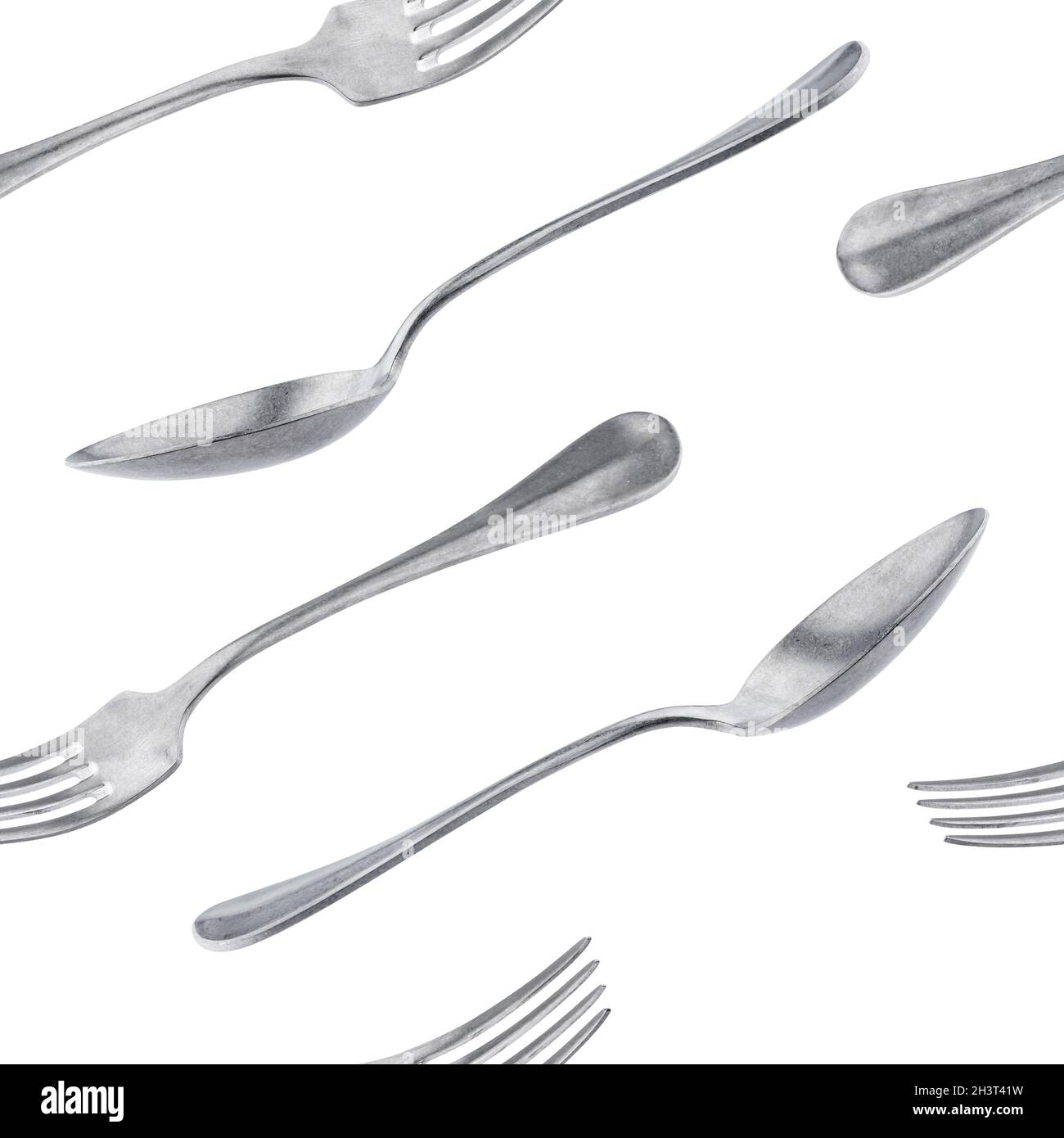 Metal spoon and fork seamless pattern isolated on white background ...