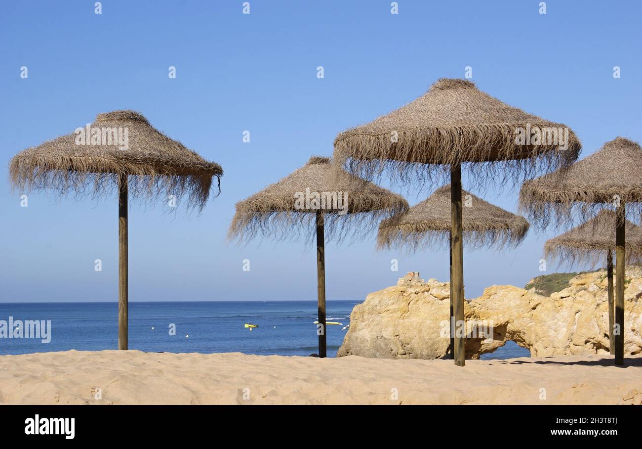 Typical bast parasol on the sandy beach Stock Photo - Alamy