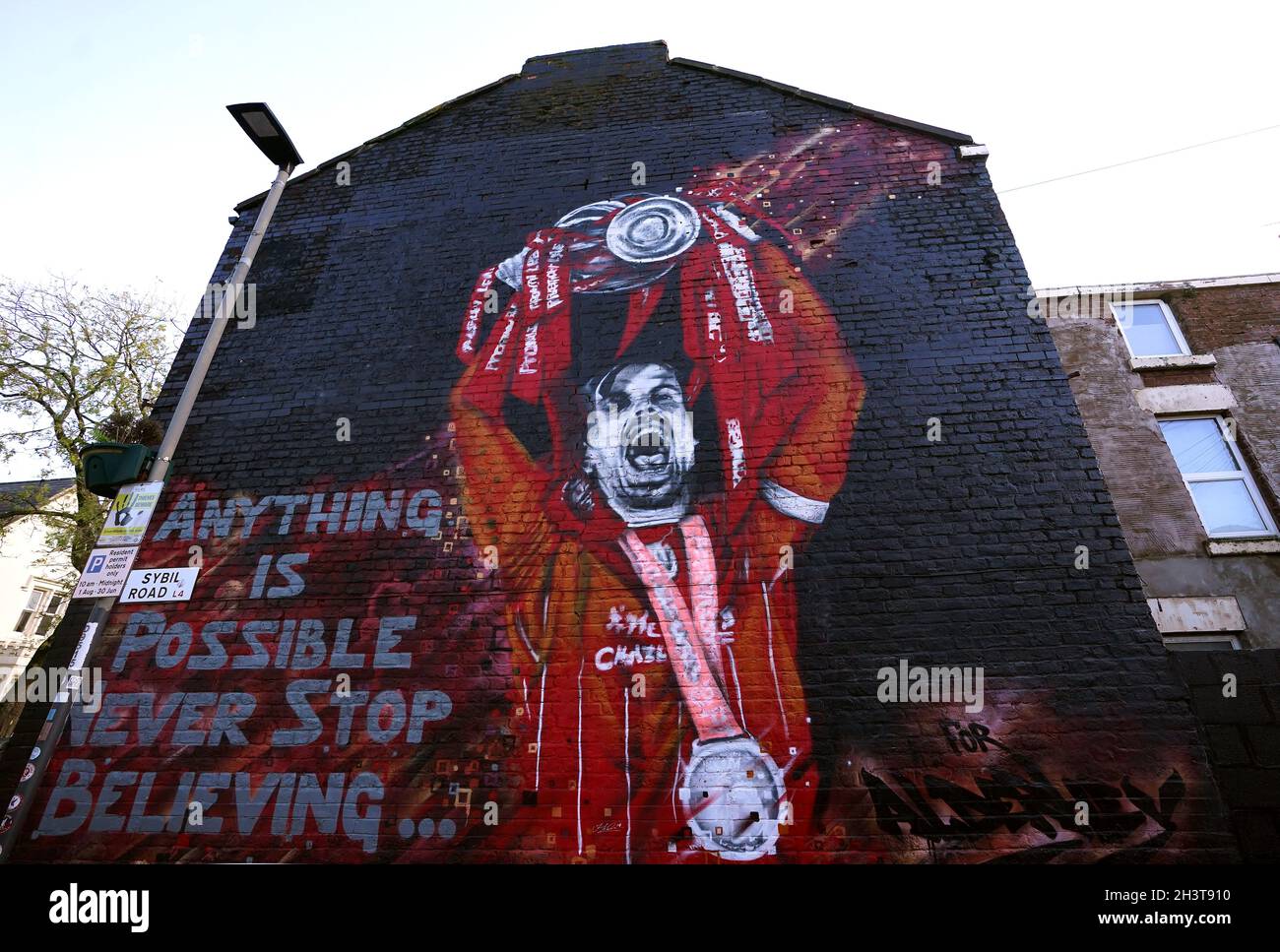 A mural of Liverpool's captain Jordan Henderson on Sybil Road close to ...