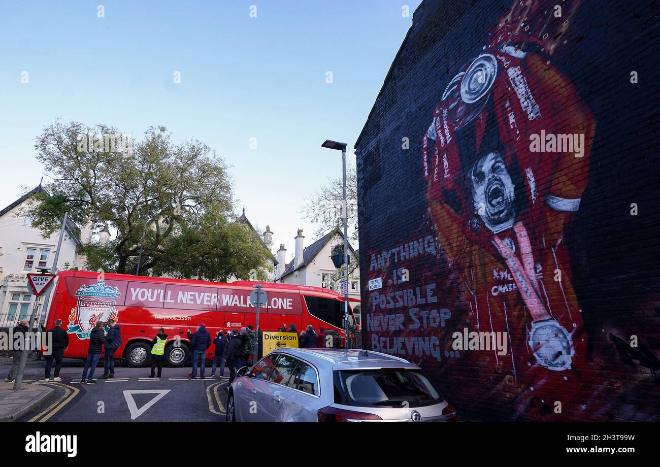 A mural of Liverpool's captain Jordan Henderson on Sybil Road close to ...