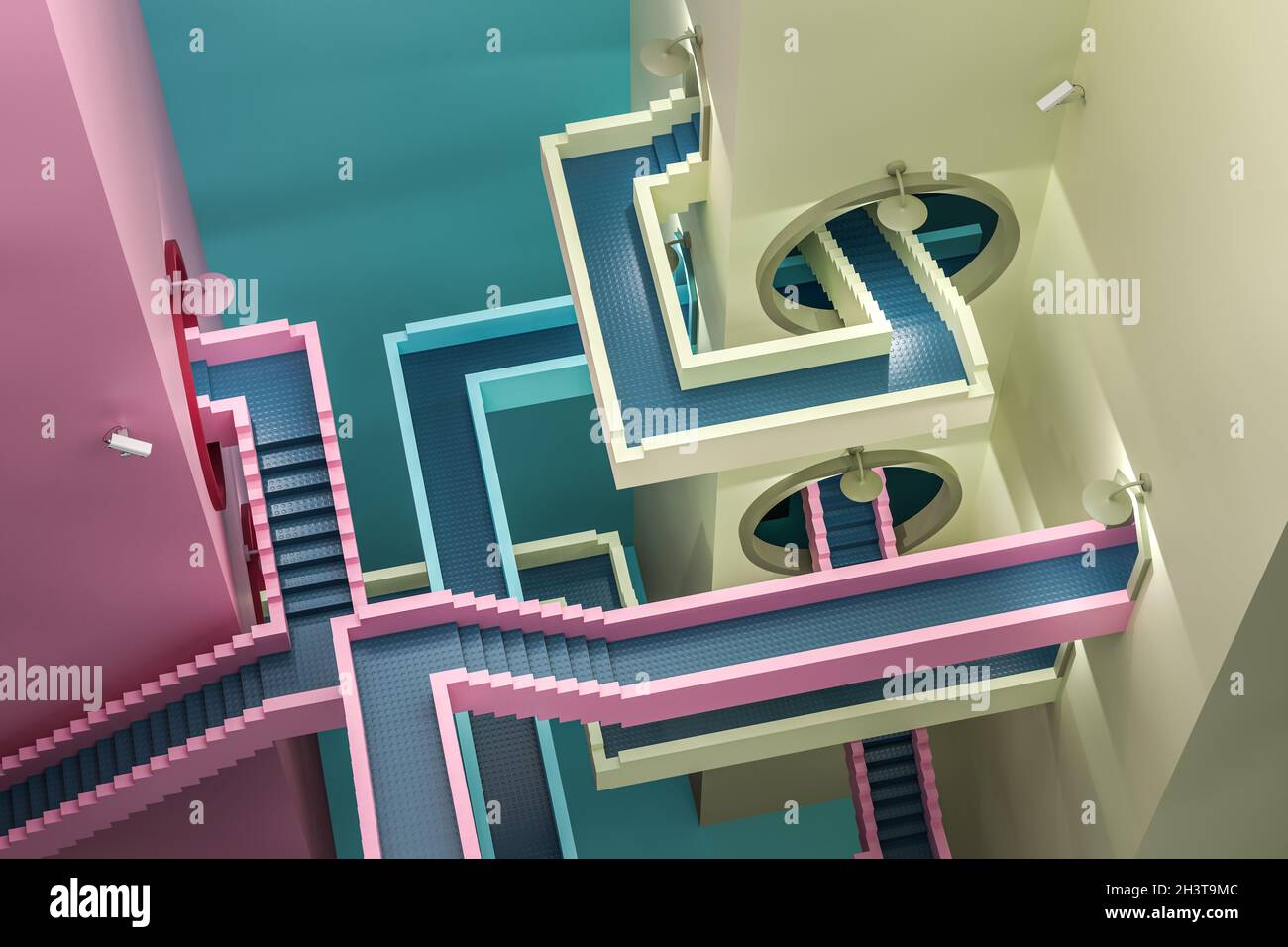 Labyrinth like Staircases in pink, turquoise and yellow Stock Photo - Alamy