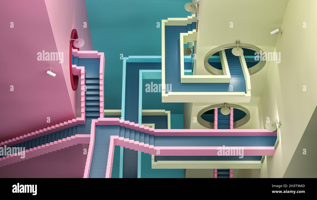 Labyrinth like Staircases in pink, turquoise and yellow Stock Photo - Alamy