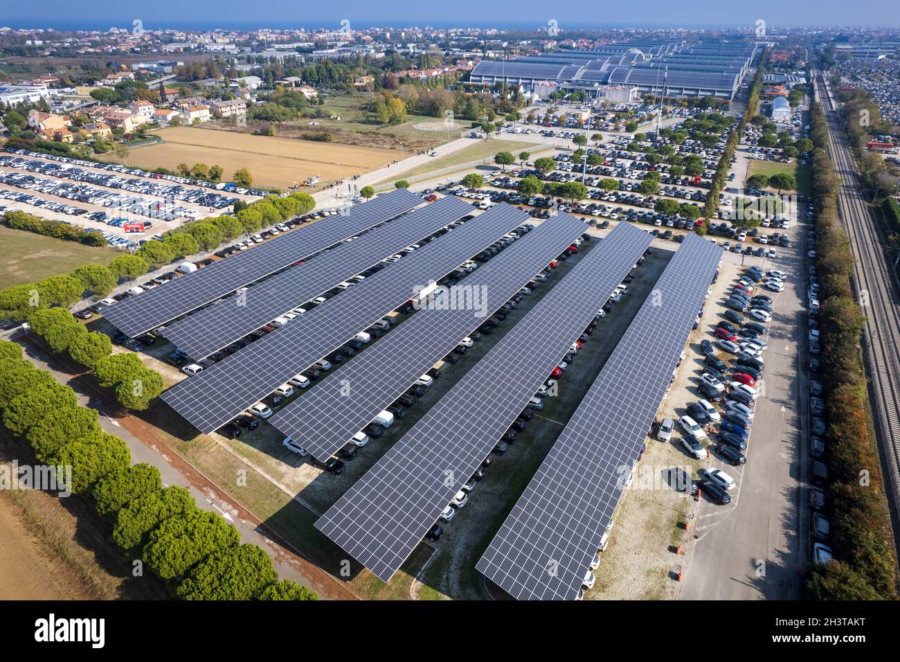 Aerial view of a car park with solar panels. Rimini, Italy - October ...