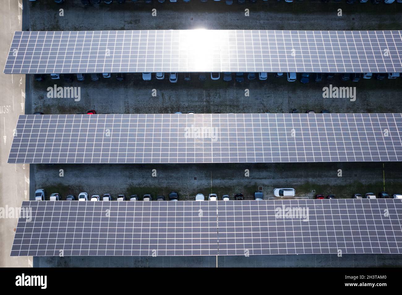 Aerial view of a car park with solar panels. Rimini, Italy - October ...