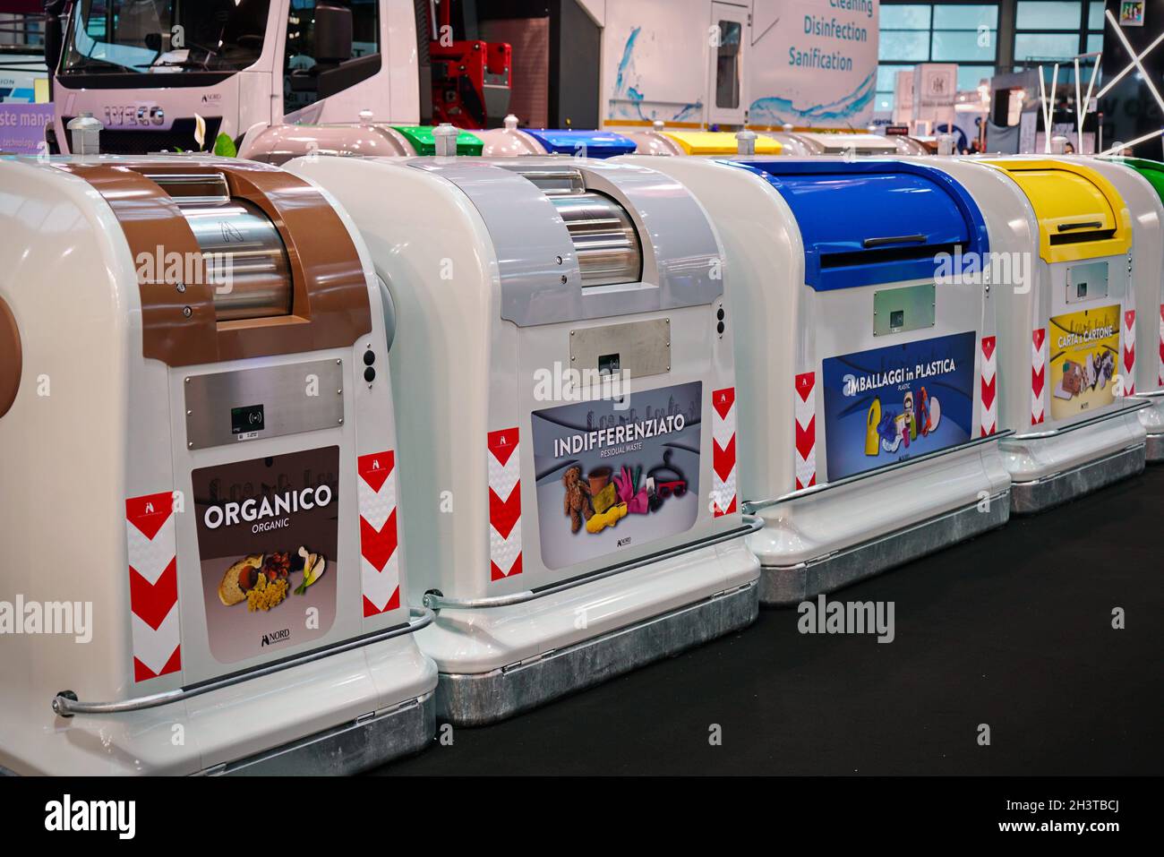 Row of selective waste collection bins. Milan, Italy - October 2021 ...