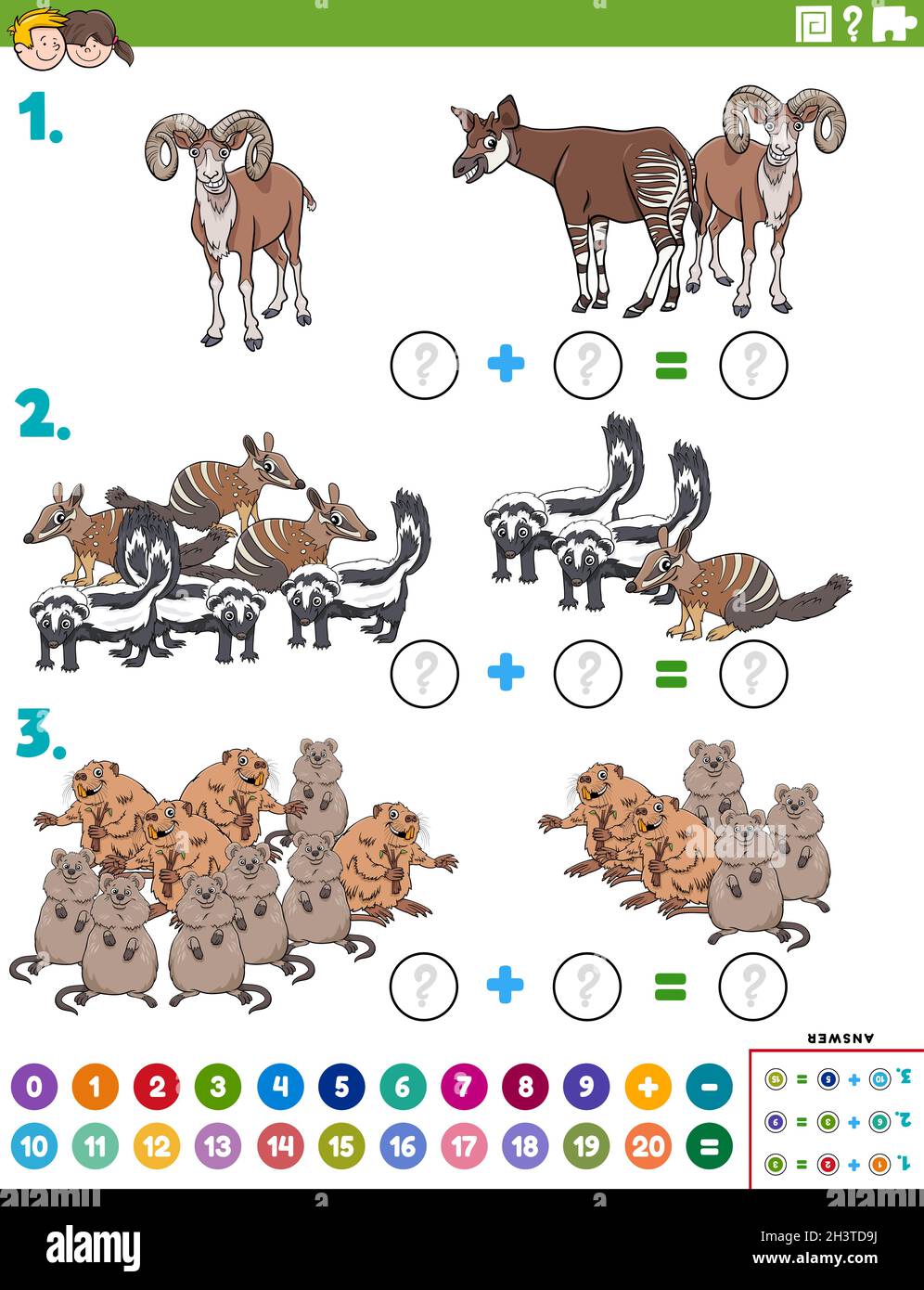 Math addition educational task with cartoon animal characters Stock ...