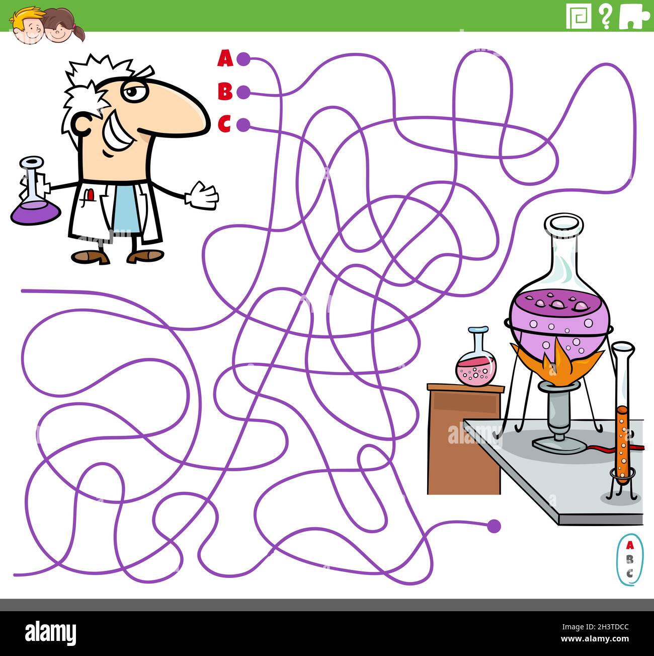 Educational maze game with cartoon scientist and lab Stock Photo - Alamy