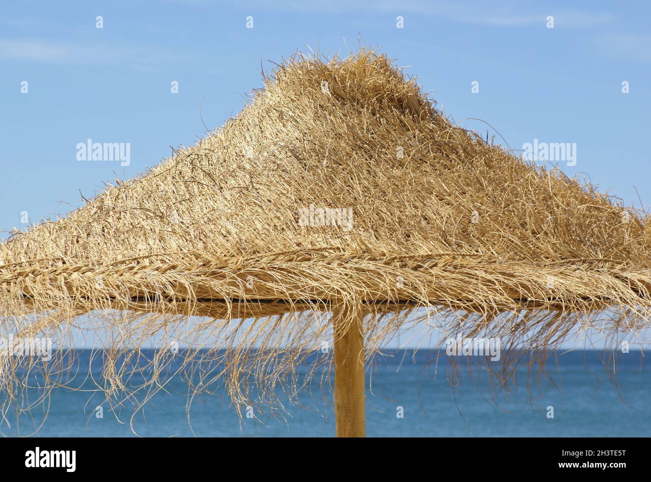 Typical bast parasol on the sandy beach Stock Photo - Alamy