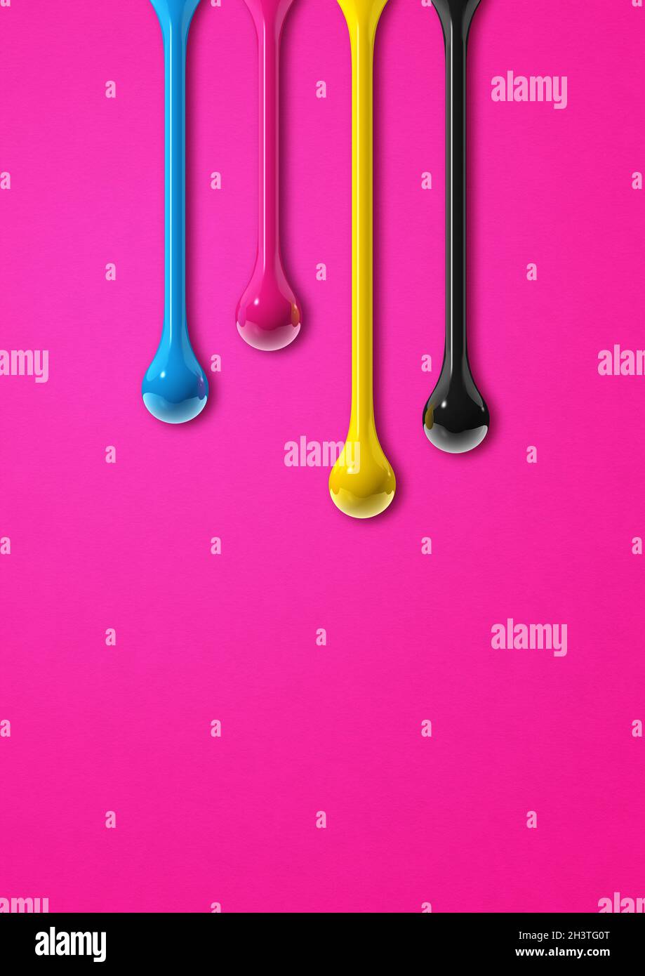 Cmyk ink drops on pink paper background Stock Photo - Alamy