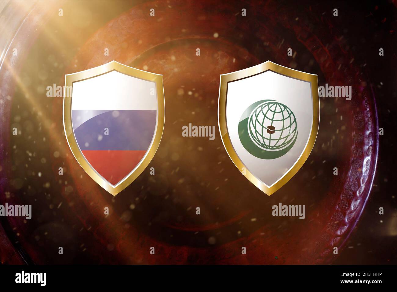 Russia and Organisation of Islamic Cooperation flag in golden shield on ...