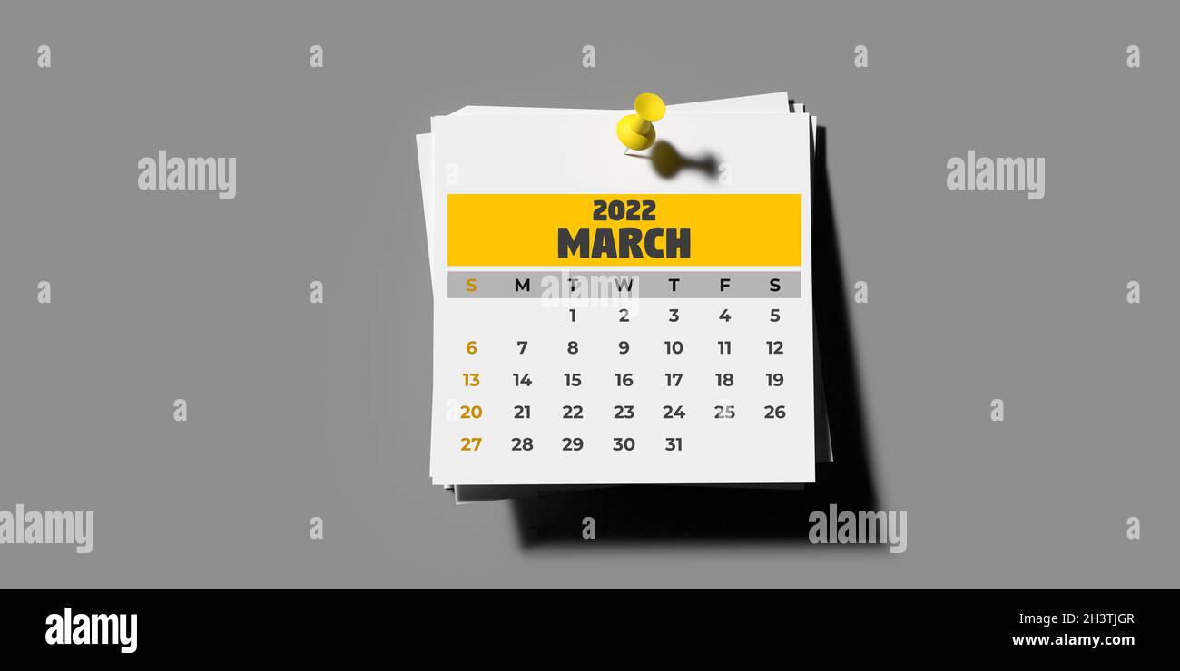 Monthly pinned Calendar 2022 template set: March 2022, 3D rendered pin ...