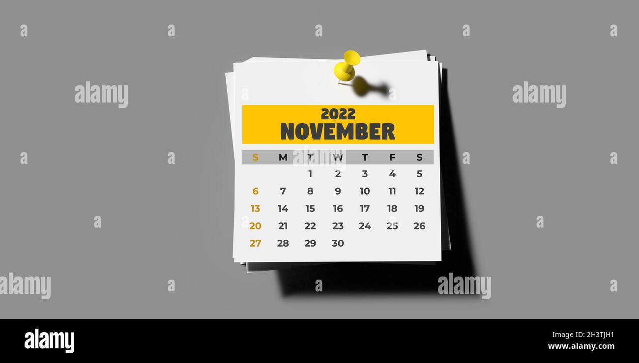 Monthly pinned Calendar 2022 template set: November 2022, 3D rendered ...