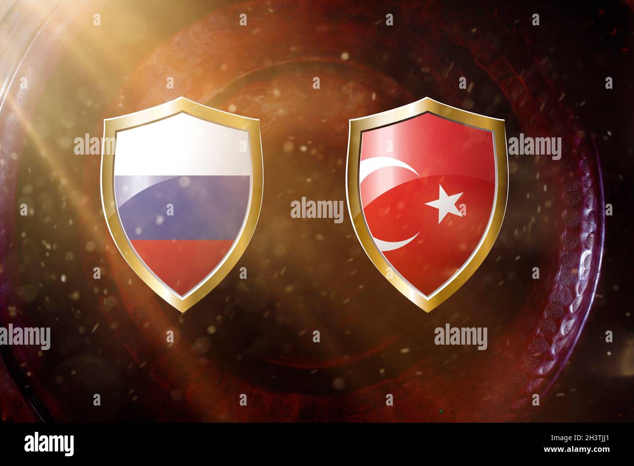 Russia and turkey flag in golden shield on copper texture background.3d ...