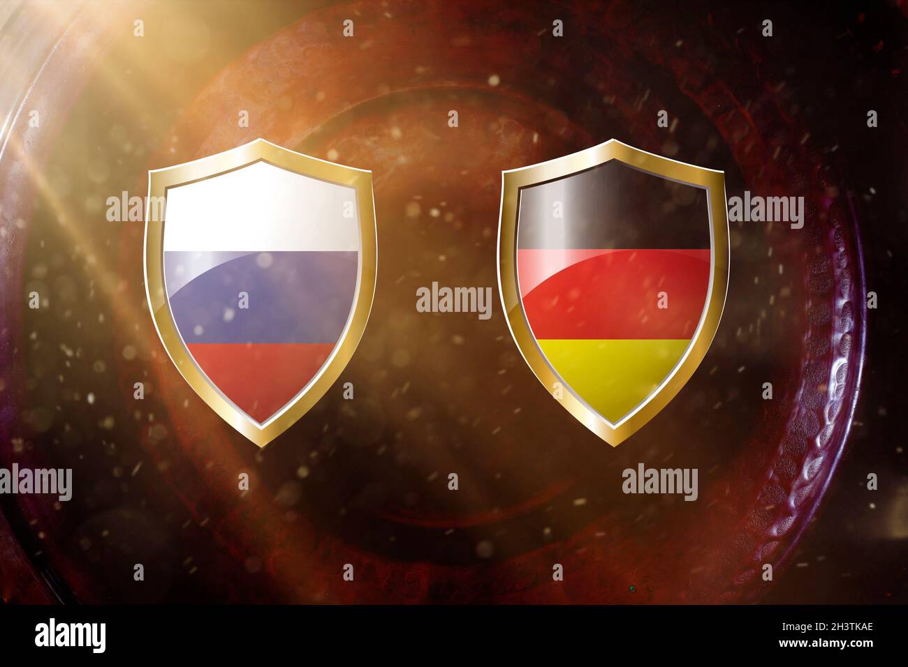 Russia and germany flag in golden shield on copper texture background ...