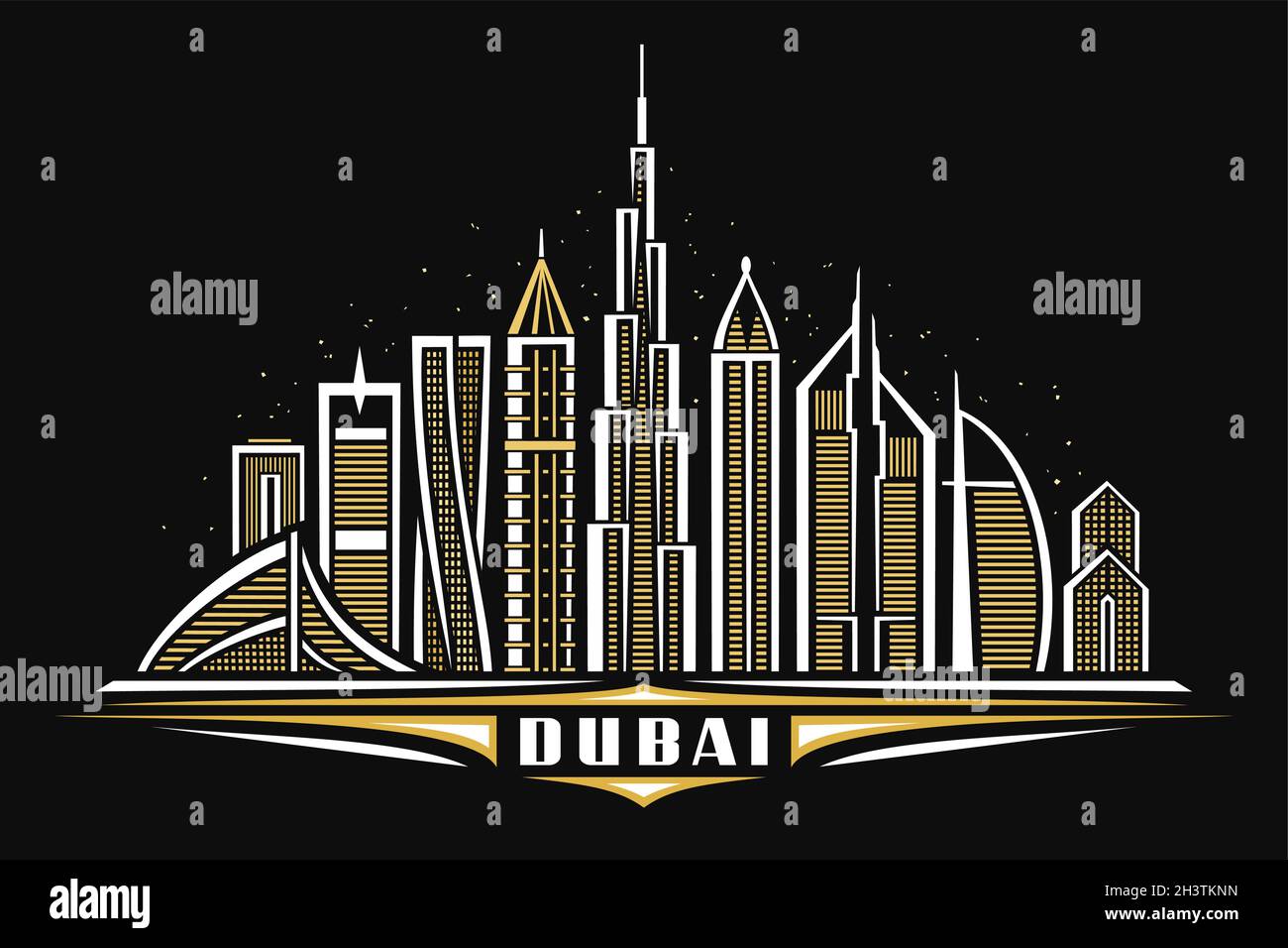 Vector illustration of Dubai, dark horizontal poster with linear design ...