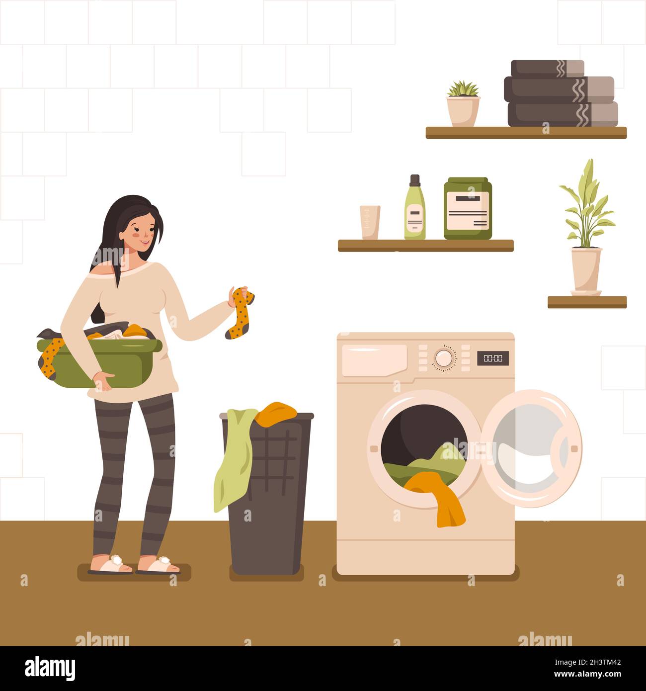 Happy woman washes in laundry. Bathroom interior with shelves, washing ...