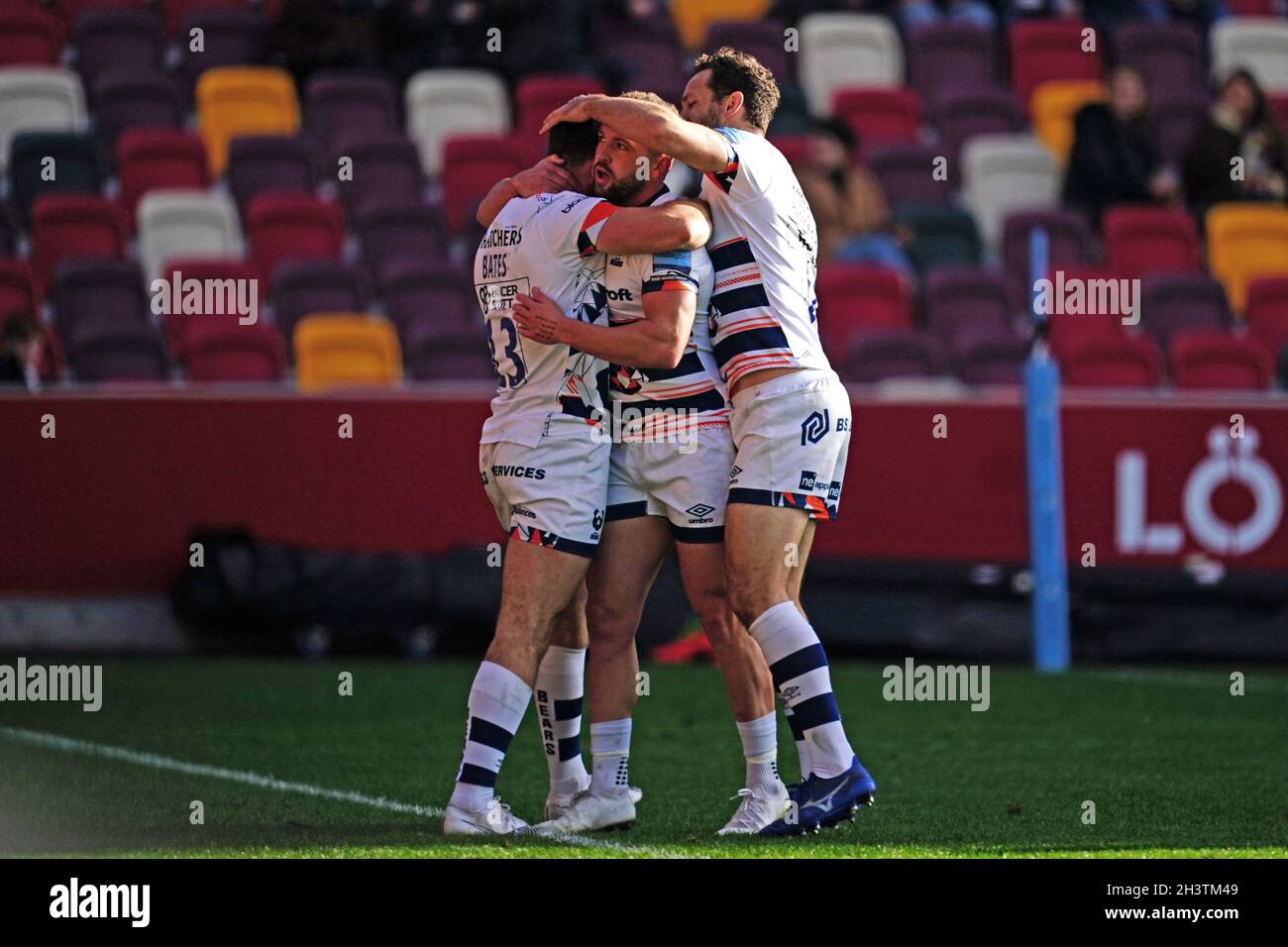 Bristol Bear's Jack Bates (left) celebrates scoring a try during the ...