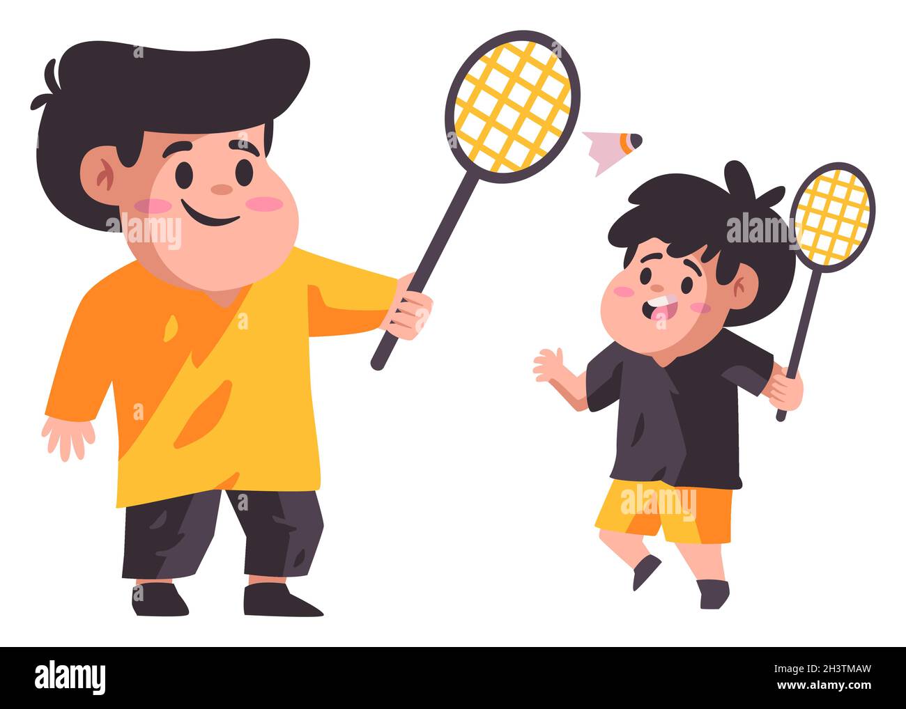Father and his son is holding racket to play badminton together cartoon ...