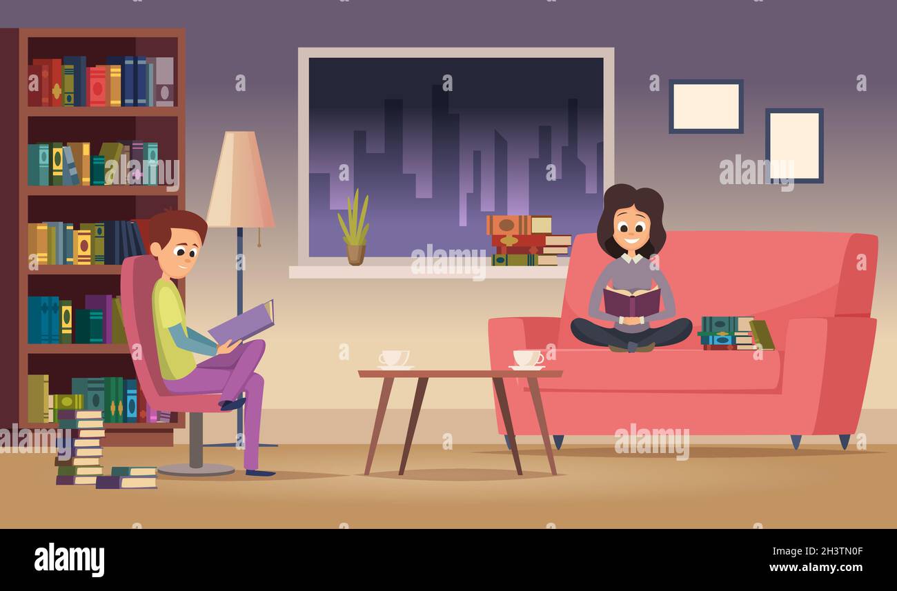 Reading family. Woman man read books in living room. Happy students ...