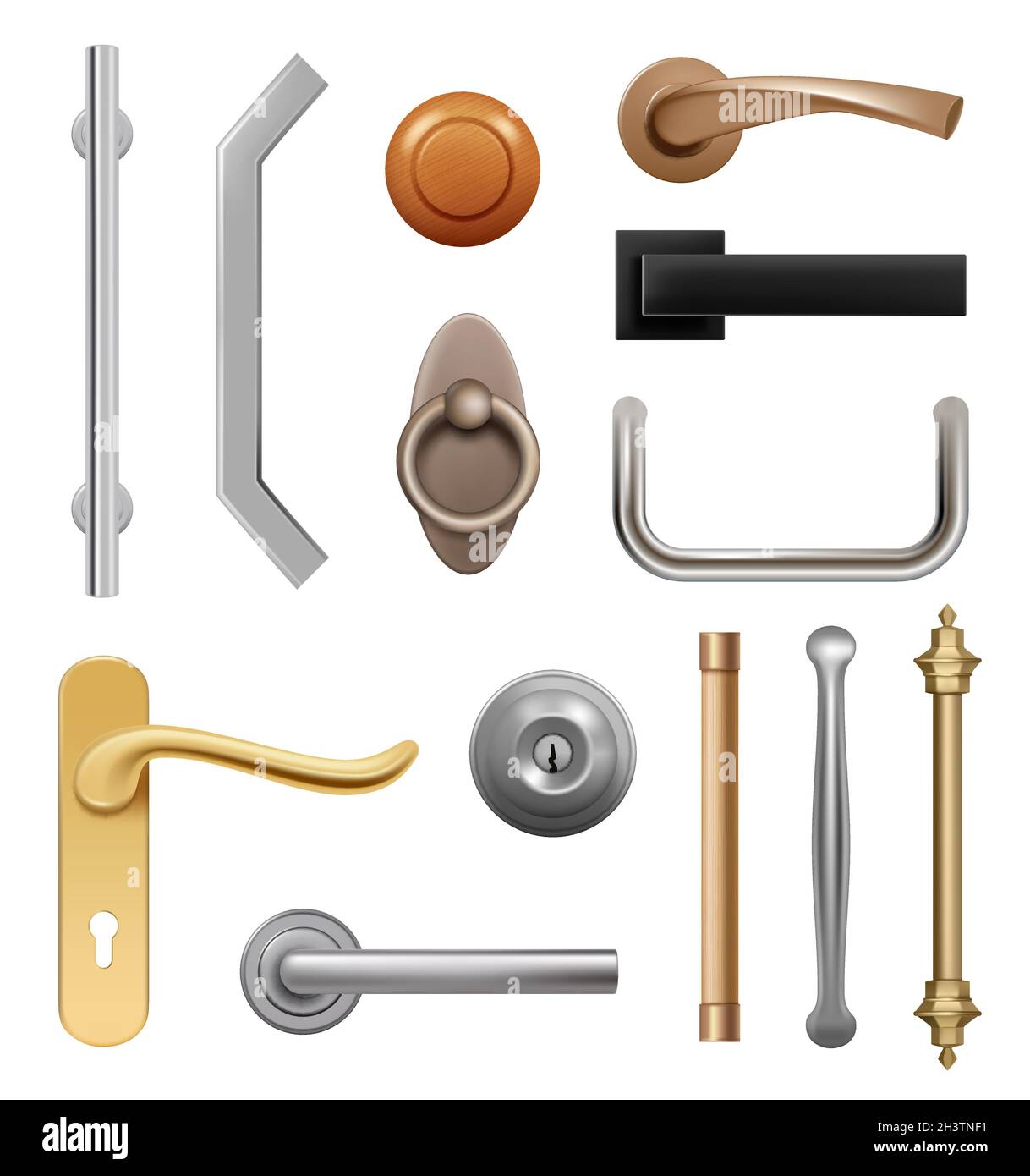 Door handles. 3d modern furniture wooden and metal items interior ...