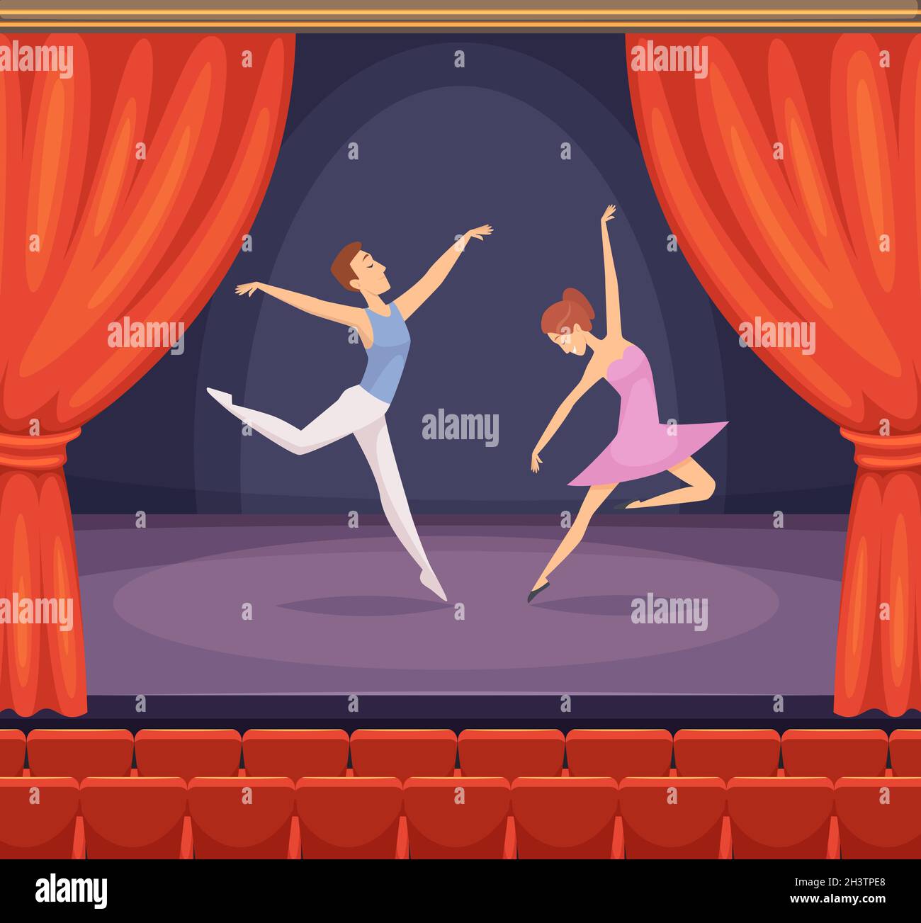 Ballet stage. Dancer male and female dancing on stage vector beautiful ...