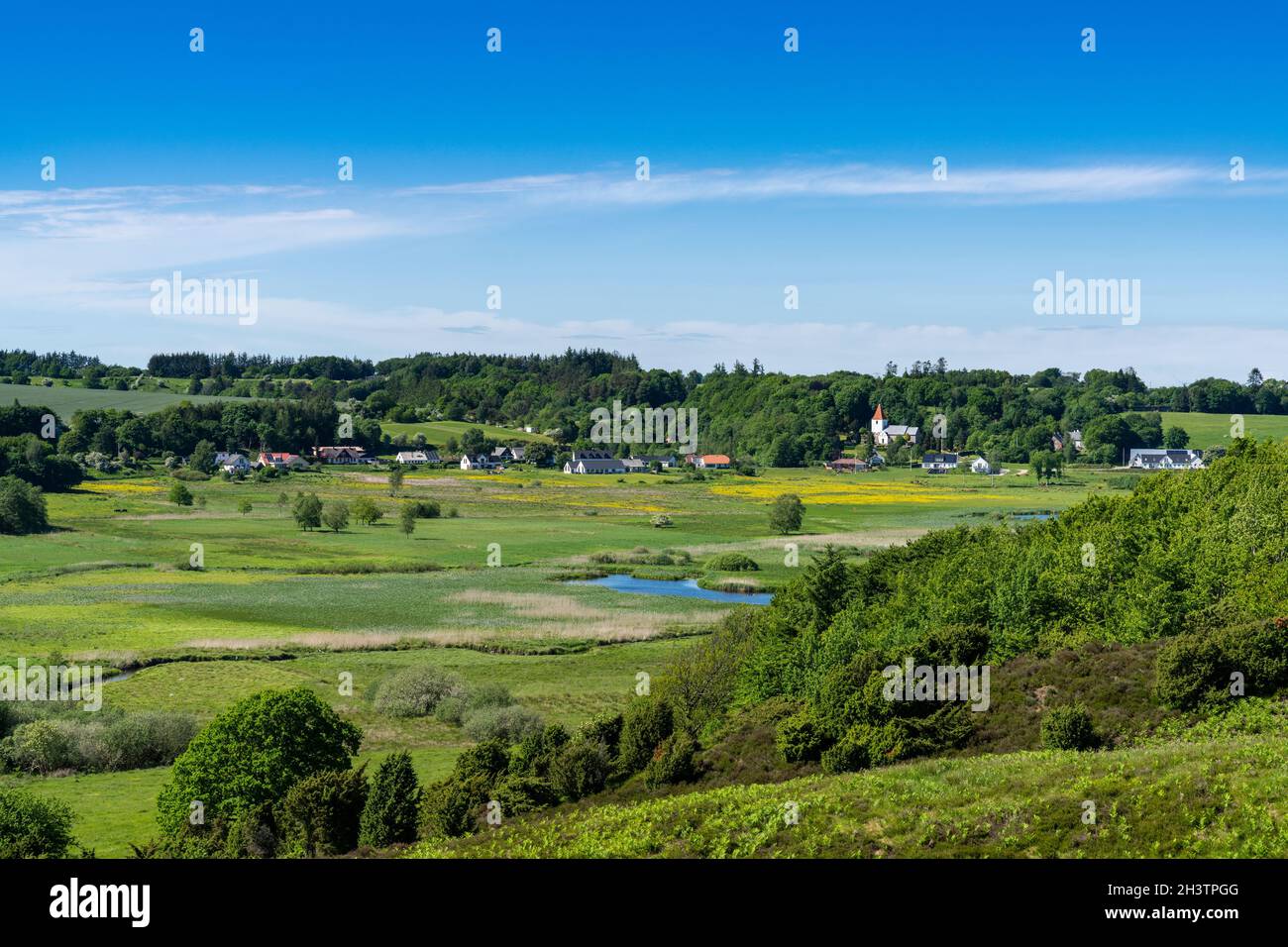 Idyllic Gravlev village and meandering river landscape in nothern ...