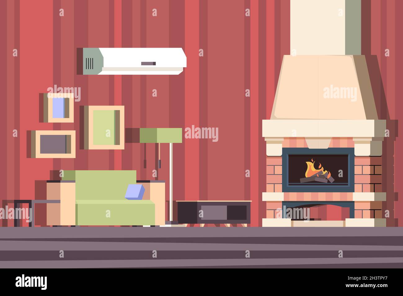 Fireplace in interior. Relax with sofa in room near decorated fireplace ...