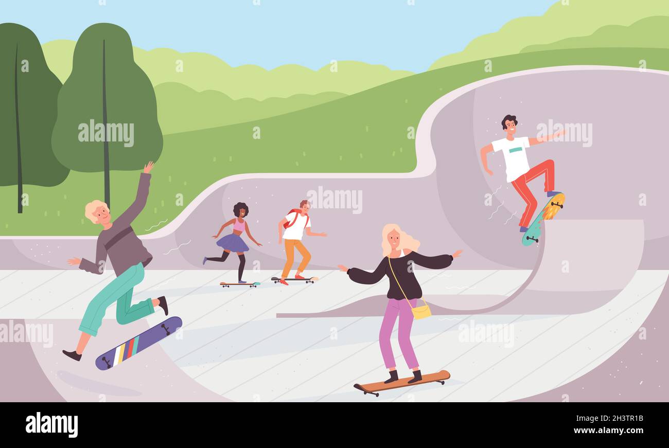 Skatepark. Outdoor extreme activities skateboarders lifestyle urban ...