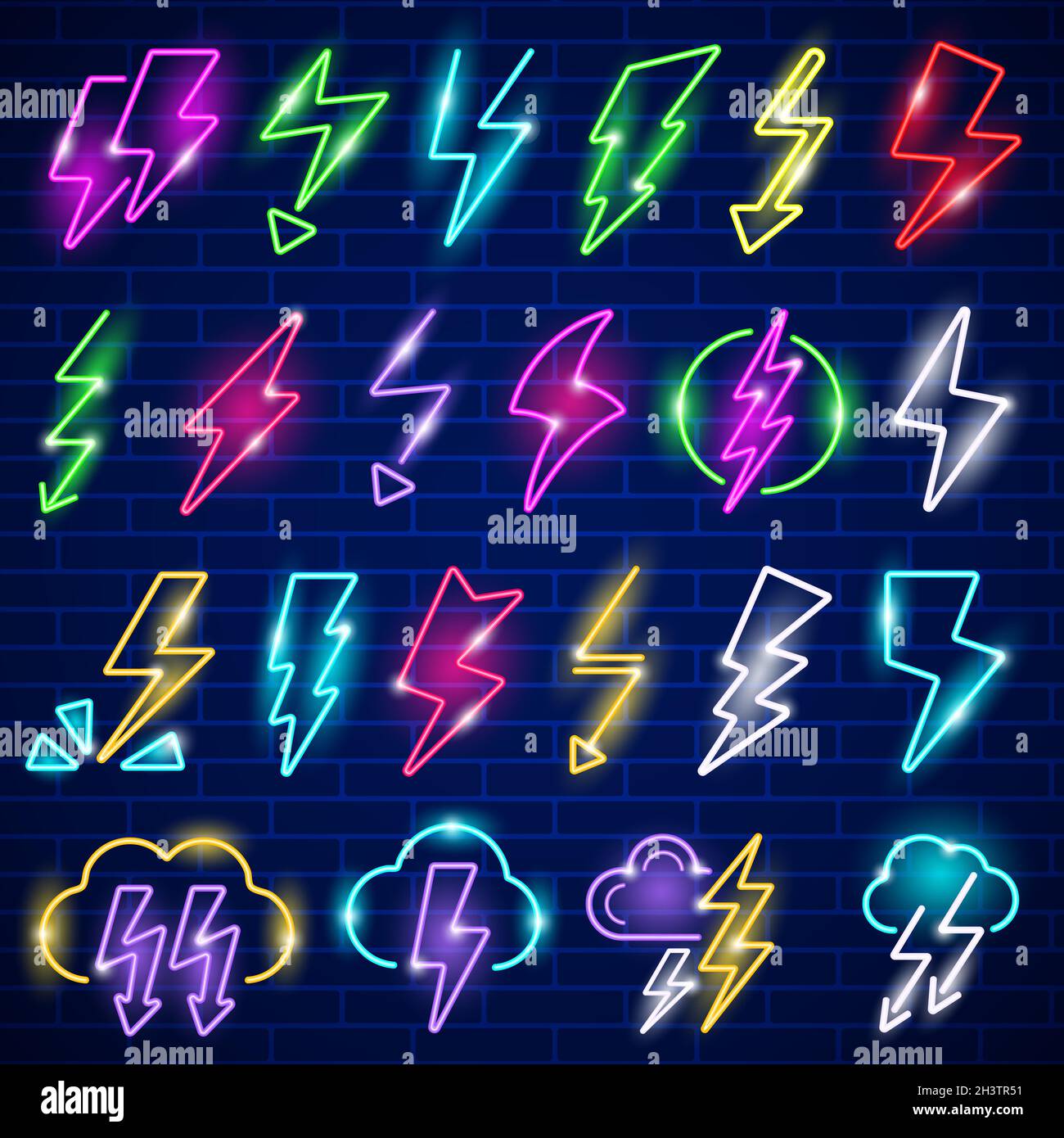 Glow neon lightning. Led panel flashes thunder lightning vector icon ...