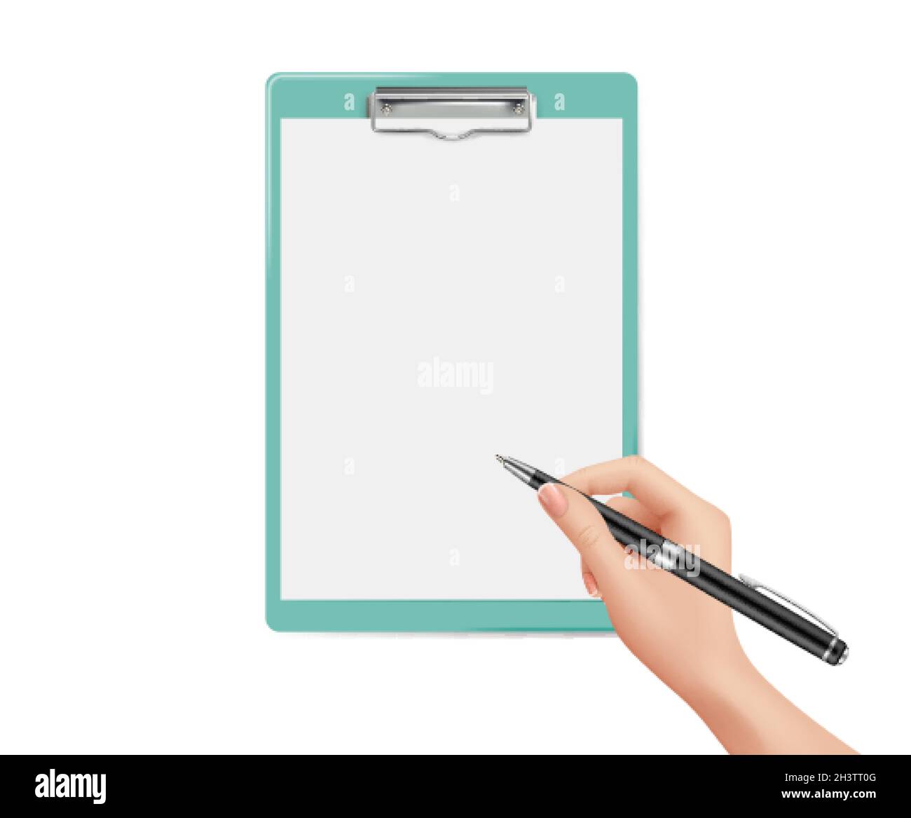 Document signature. Hand holds pen, blank paper notebook page. Vote ...